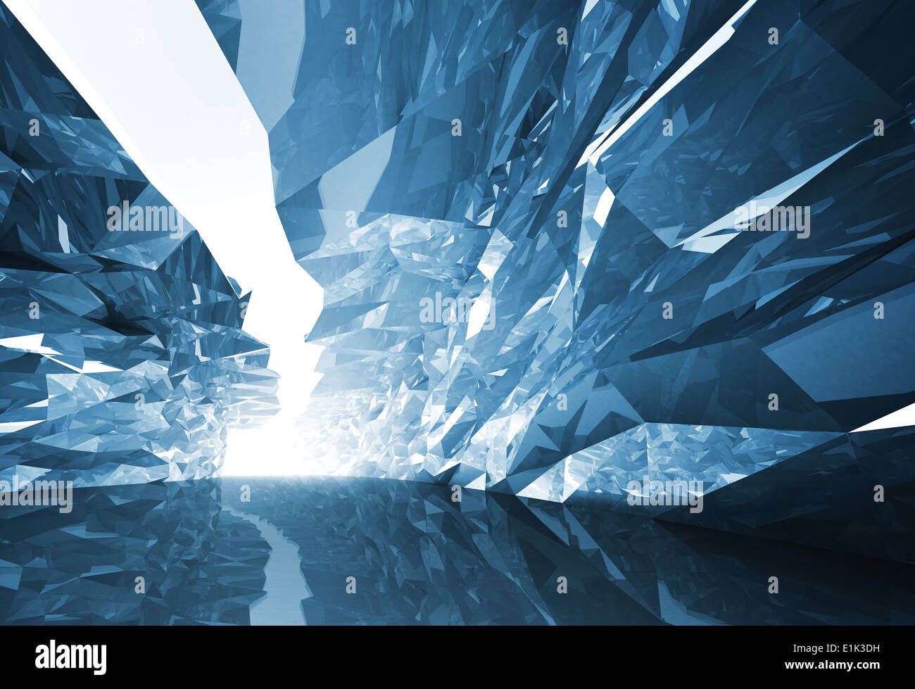 Abstract 3d background. Bent crystal corridor with rugged walls and ...
