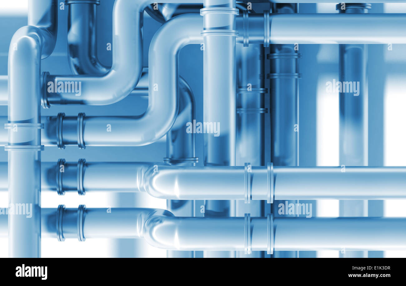 Modern blue industrial metal pipeline intersection. 3d render ...