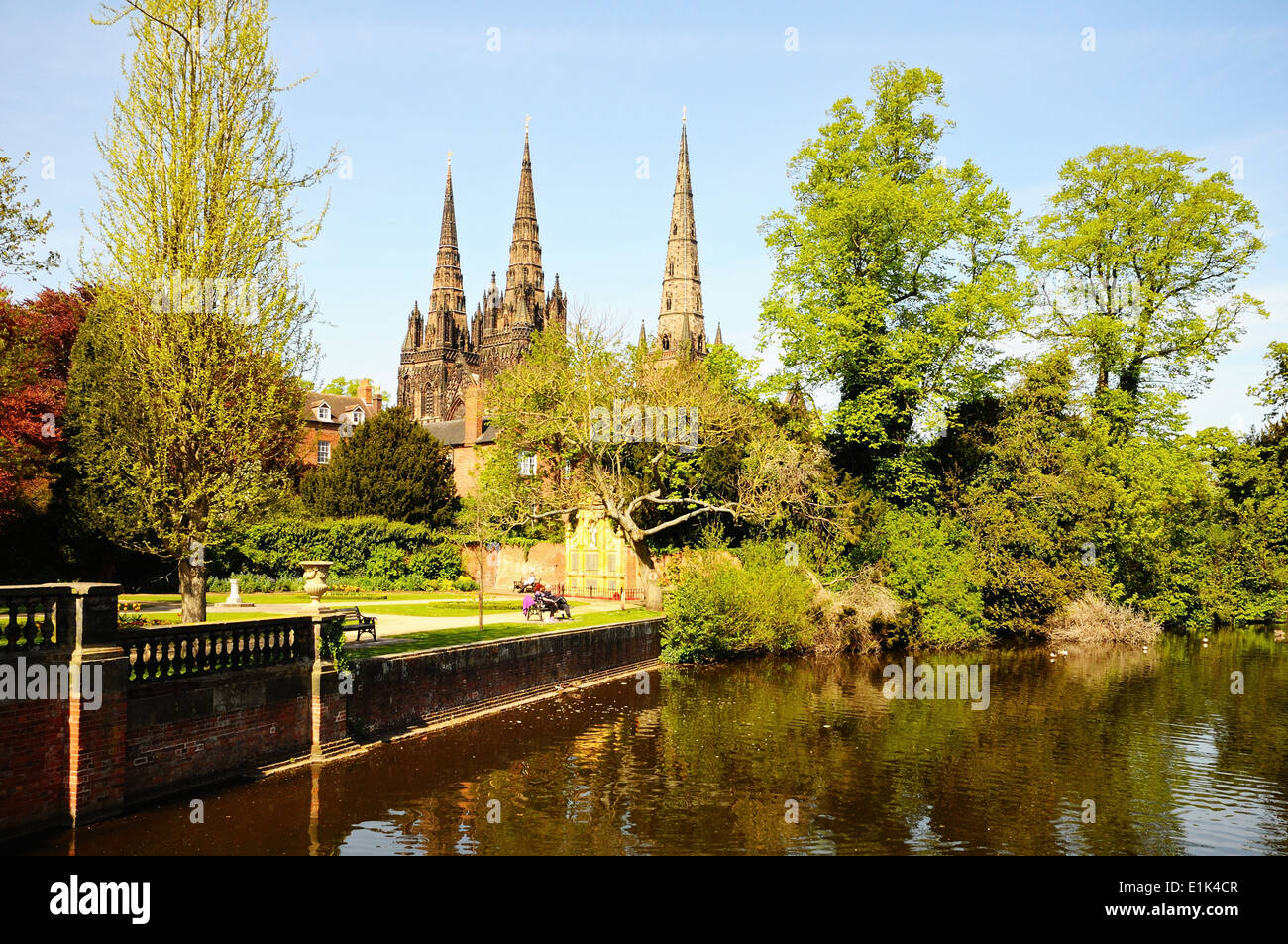 Cathedral seen across Minster Pool, Lichfield, Staffordshire, England ...