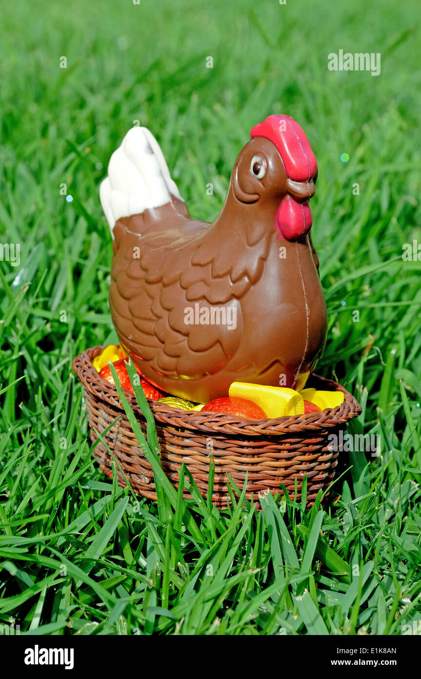 Chocolate Easter chicken with eggs in a basket on grass Stock Photo - Alamy