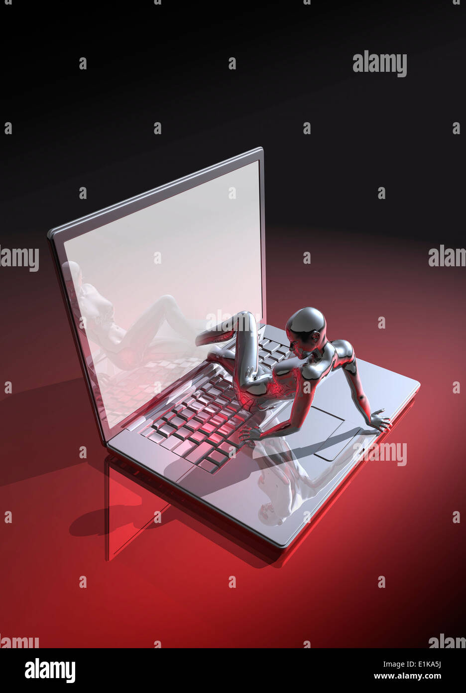 Computer artwork of a human figure sitting on top of a laptop Stock ...