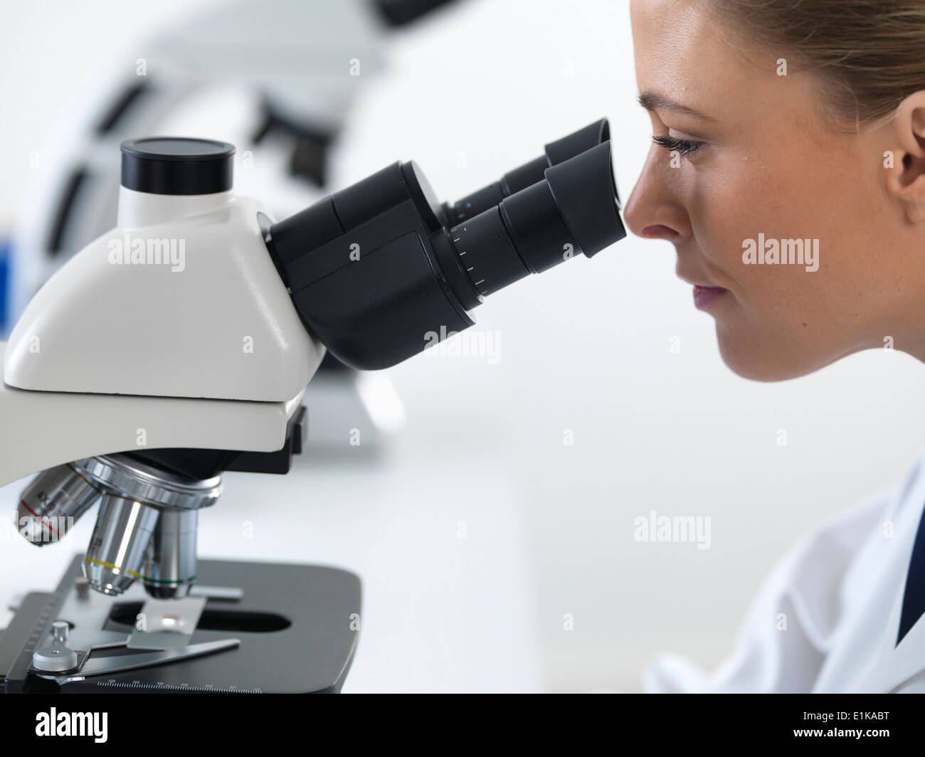 Female scientist using a microscope Stock Photo - Alamy