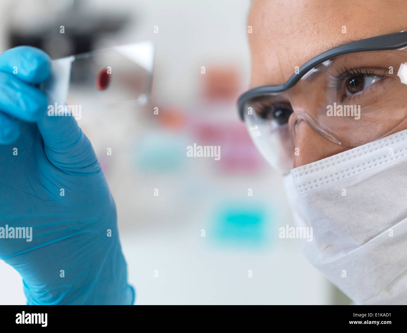 Female scientist holding a microscope slide with a blood sample Stock ...