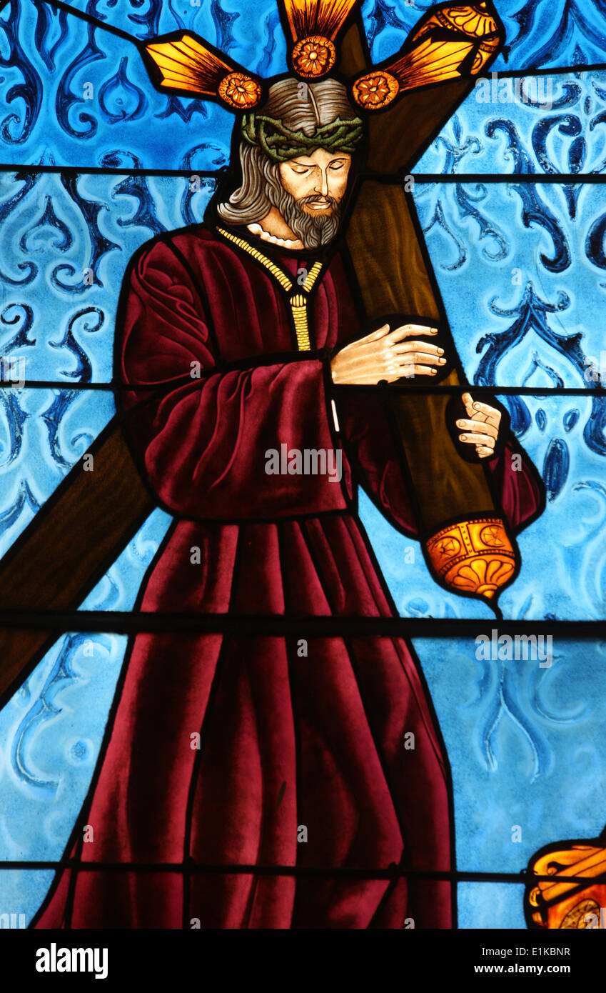 San Jeronimo's church. Stained glass. Jesus carrying his cross Stock ...