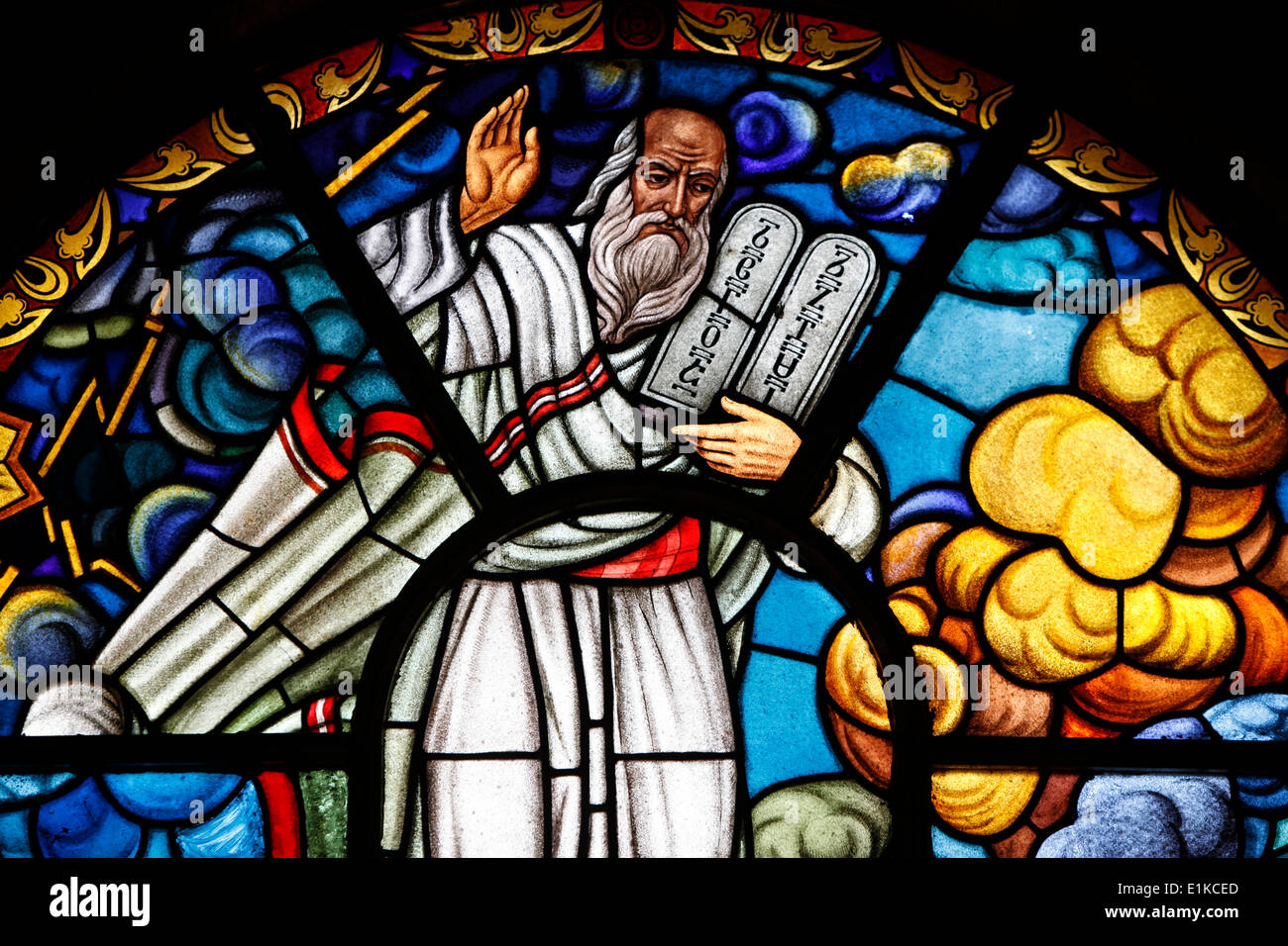 Stained glass window depicting Moses holding the Commandments, Holy ...