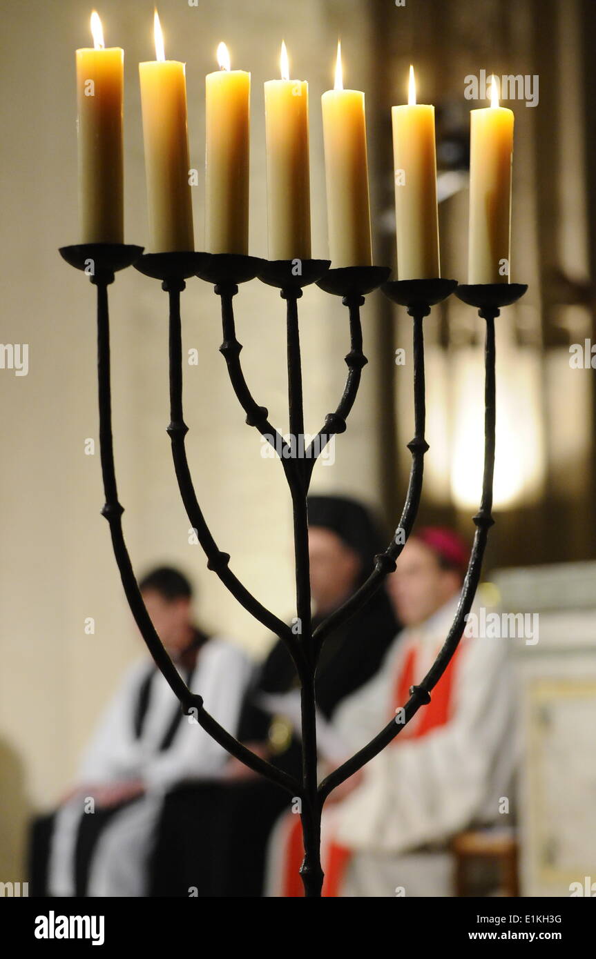 Menora in catholic church lit during an oecumenical celebration Stock ...