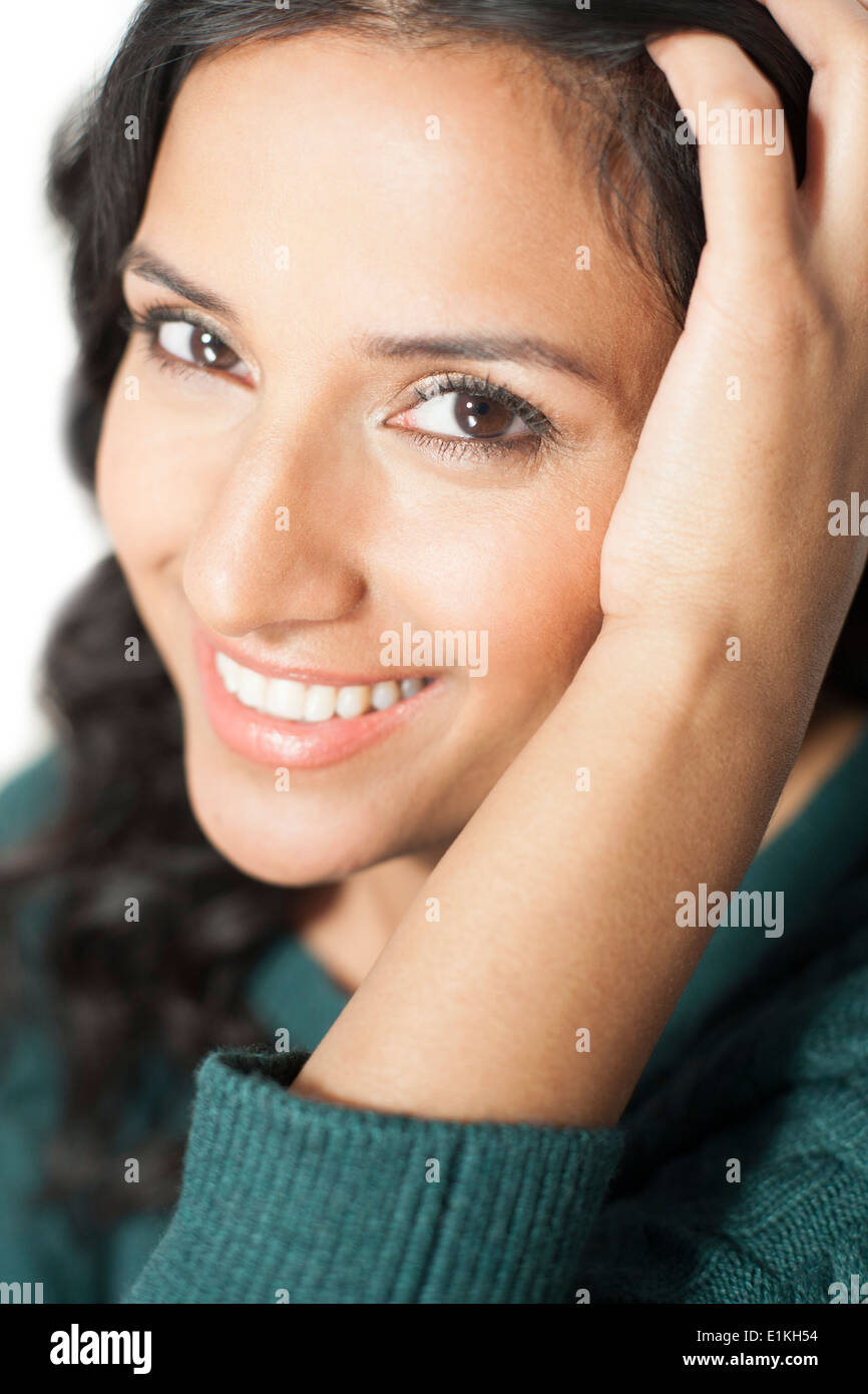 Portrait of a woman with her head in her hand hi-res stock photography ...