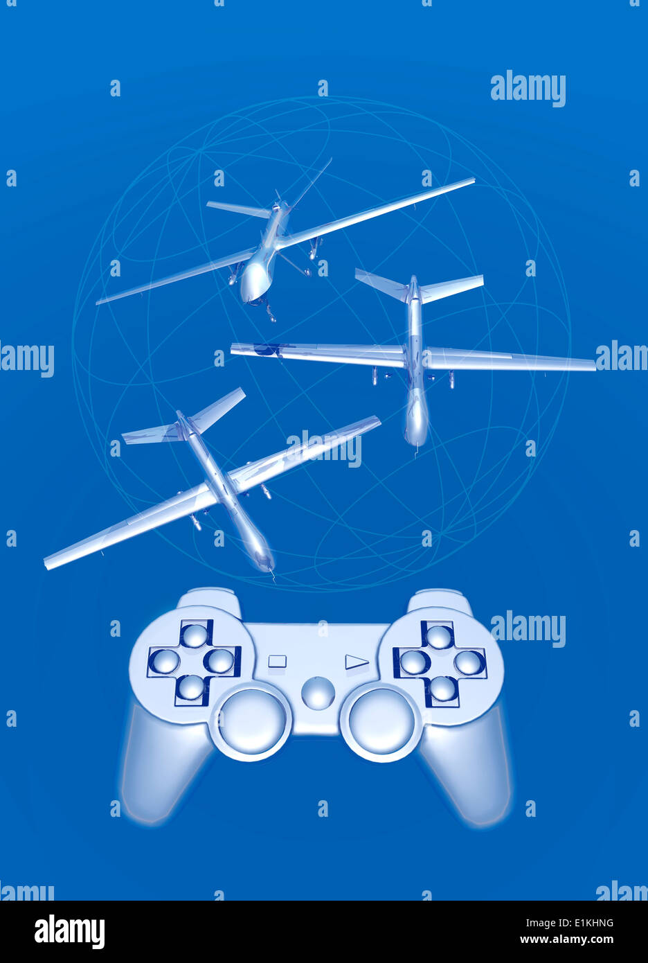 Artwork of three drone aircraft being controlled by a handheld device ...