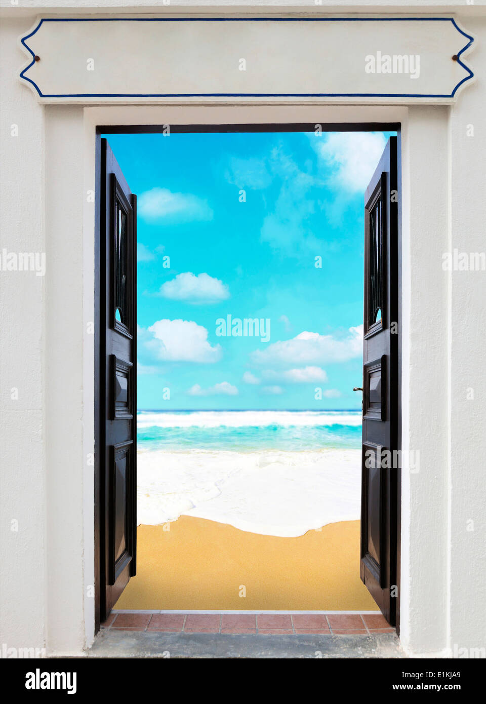 Artwork of an open door with a view towards the sea Stock Photo - Alamy