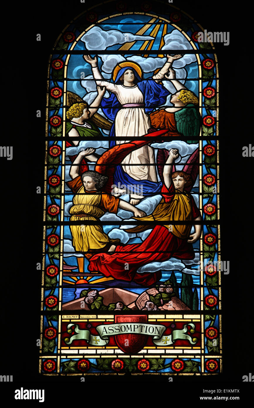 Stained glass depicting Mary's Assumption Stock Photo - Alamy
