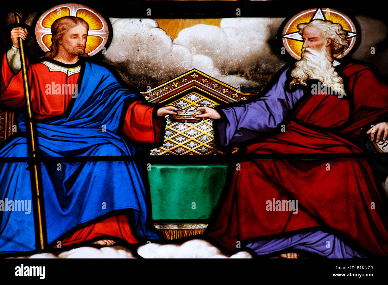 Stained glass in Saint-Louis cathedral : Jesus and God Stock Photo - Alamy