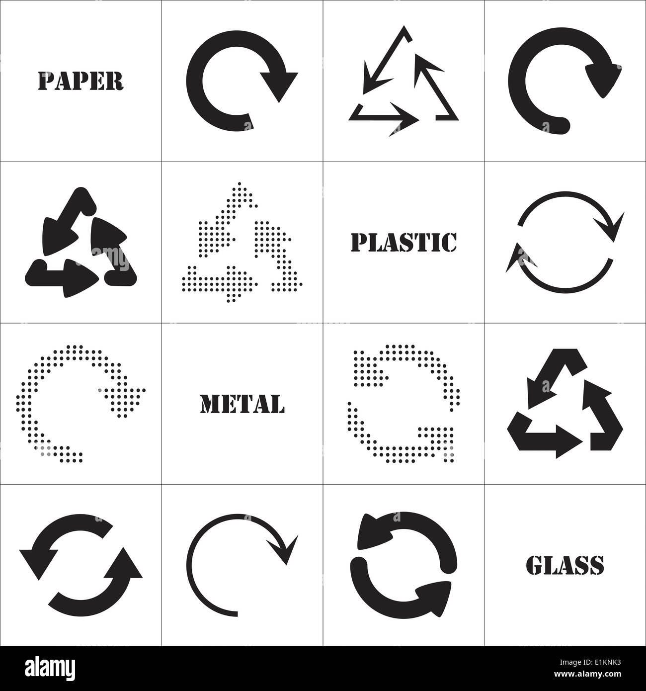 Simple, flat design recycle symbols in black isolated on white ...