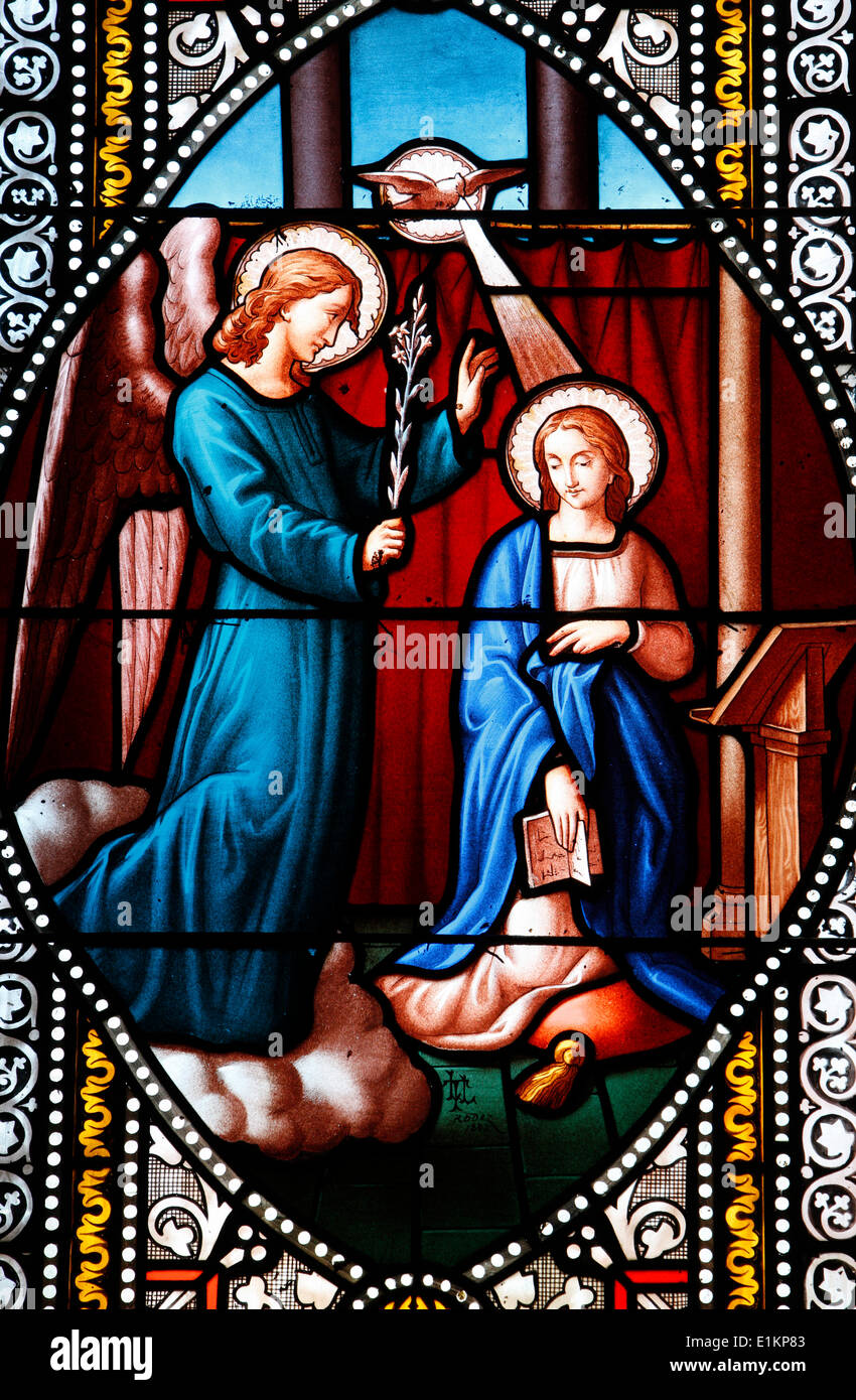 Stained glass depicting the Annunciation Stock Photo - Alamy