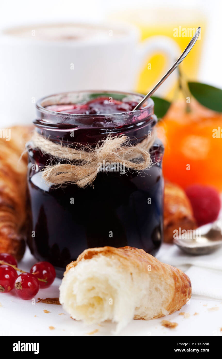 Breakfast with coffee, croissant and jam Stock Photo - Alamy