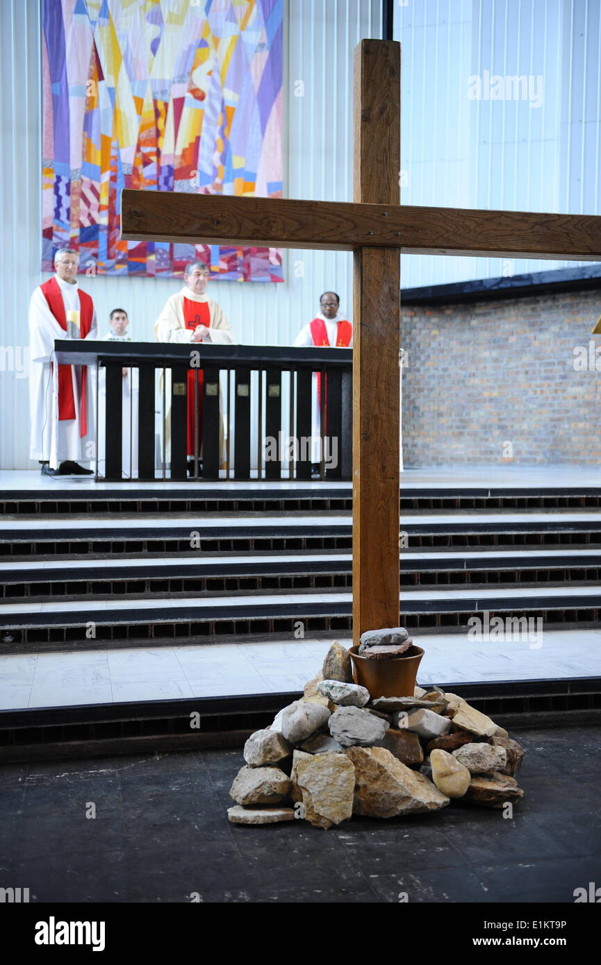 Palm sunday celebration in a Paris church. Stones at the foot of the ...