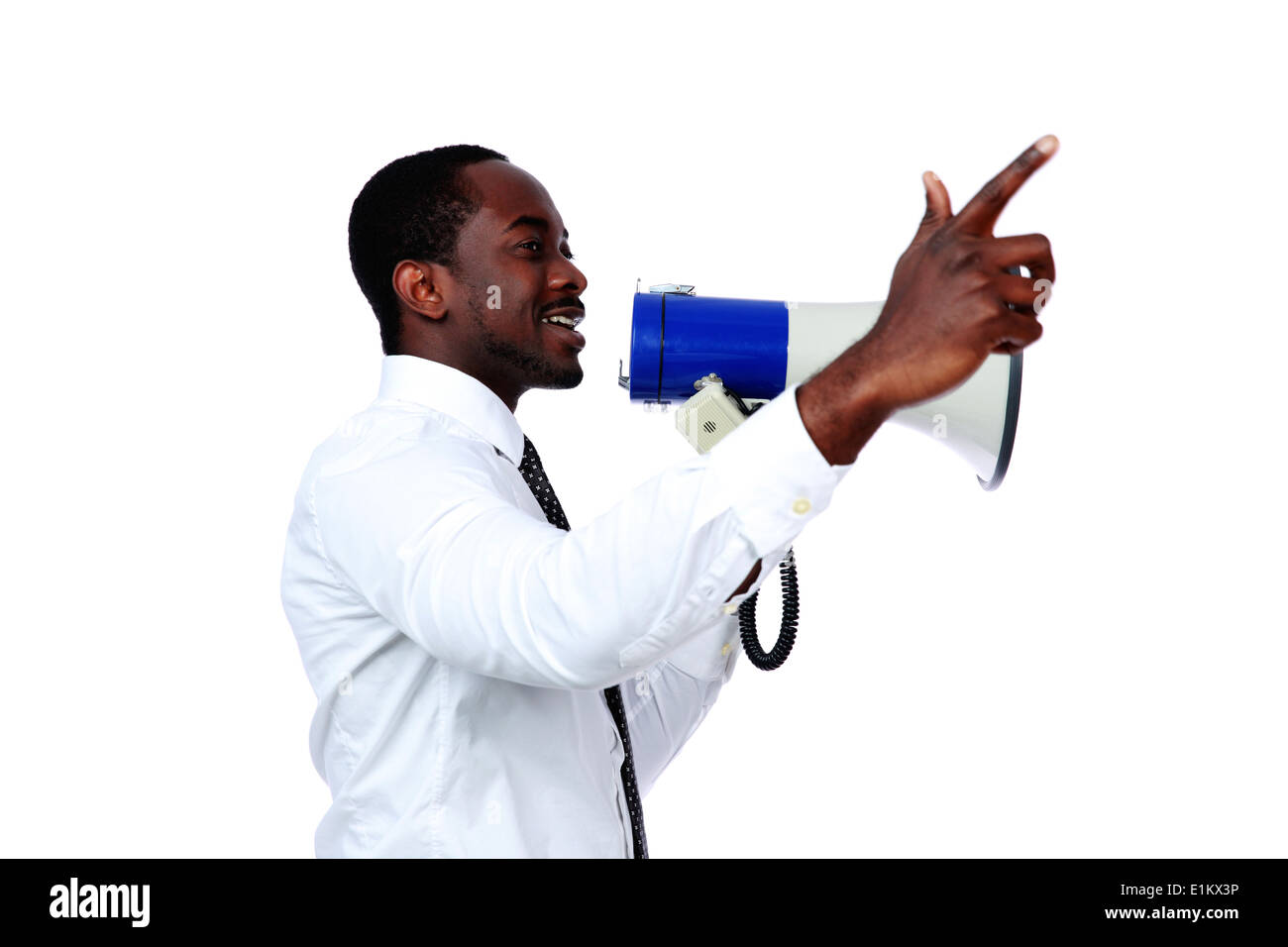 African man shouting through a megaphone isolated on a white background ...