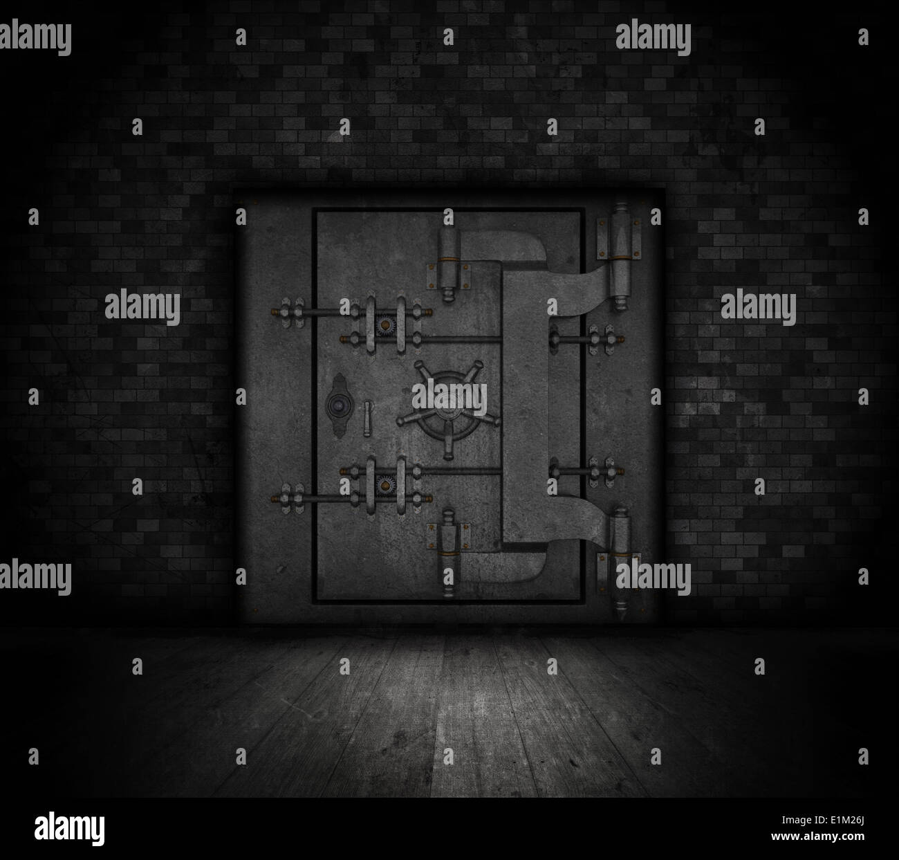 Grunge style bank vault door in a dark interior Stock Photo - Alamy