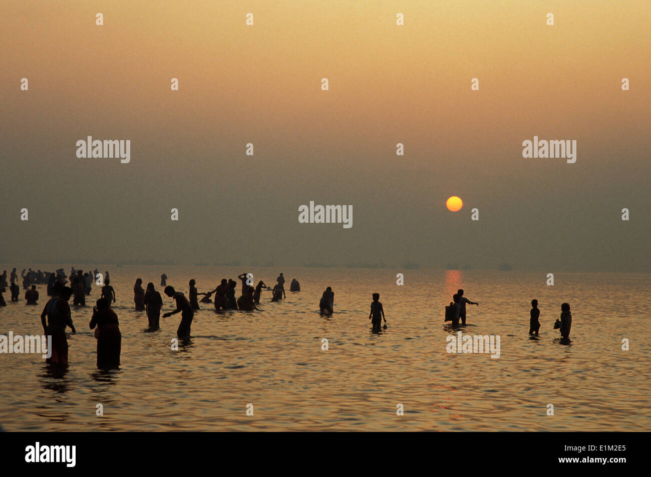 Hindu pilgrims bathing at dawn at Ganga Sagar Mela yearly pilgrimage at ...