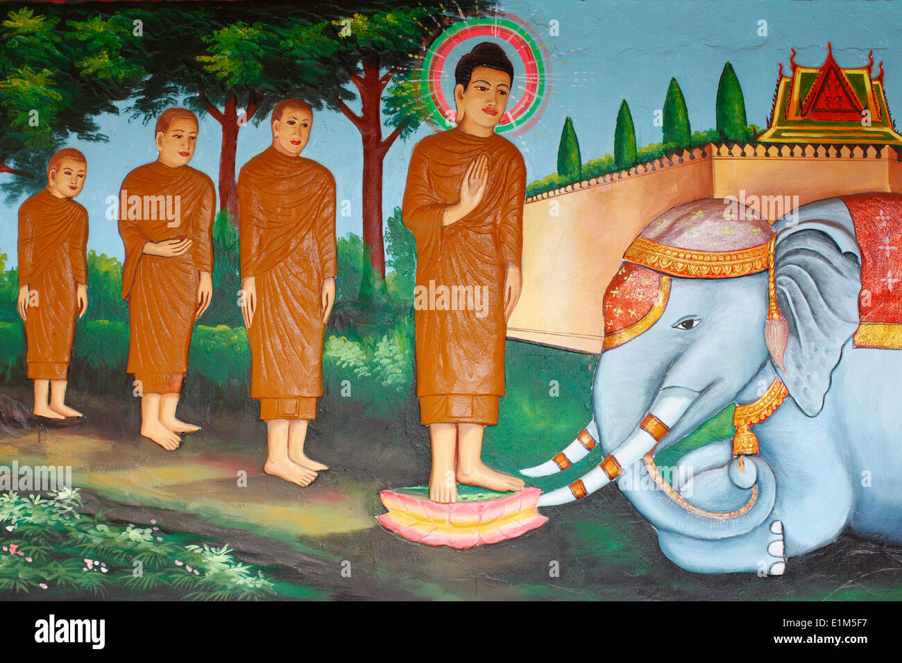 Preah Prom Rath Monastery. Life of the Buddha. A wild elephant tamed by ...
