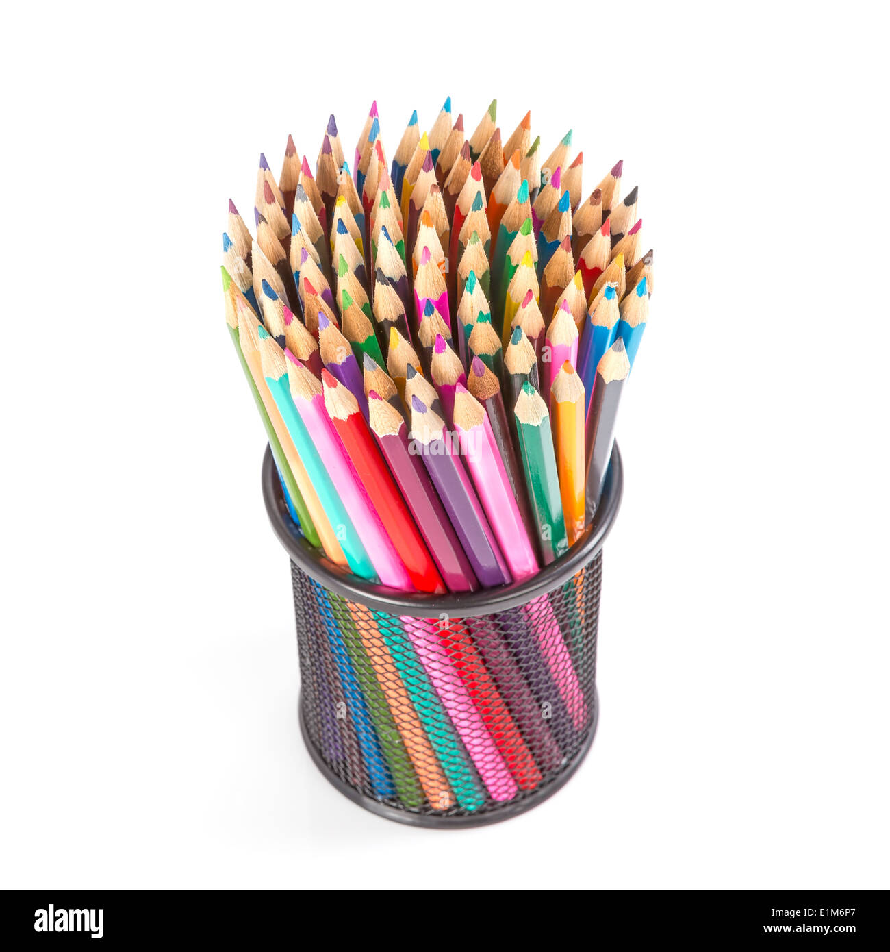 Colorful pencils in a black basket over a white background Stock Photo ...