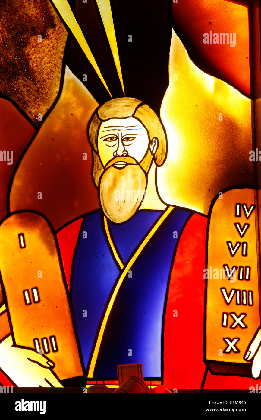 Stained glass : Moses & the tables of the law Stock Photo - Alamy