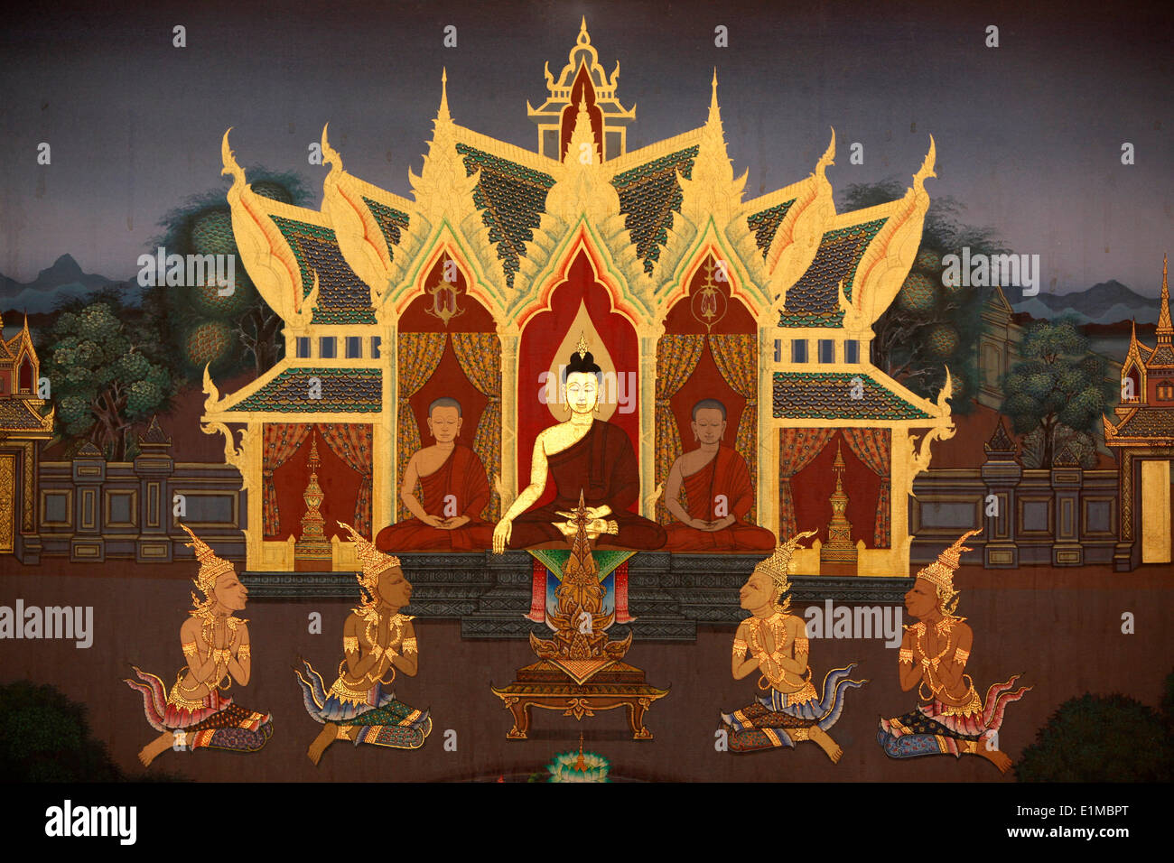 Detail of a mural painting in the Uposatha (shrine hall) of ...