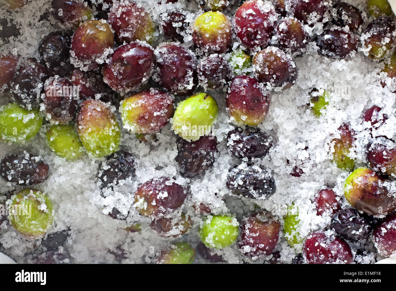 Curing olives in sea salt Stock Photo - Alamy
