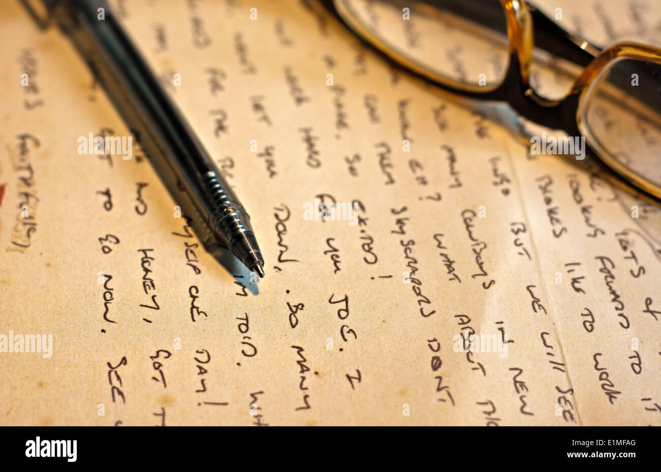 Old stained letter with pen and spectacles Stock Photo - Alamy