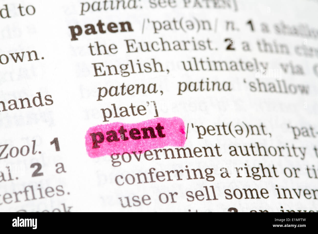 Patent Dictionary Definition single word with soft focus Stock Photo ...