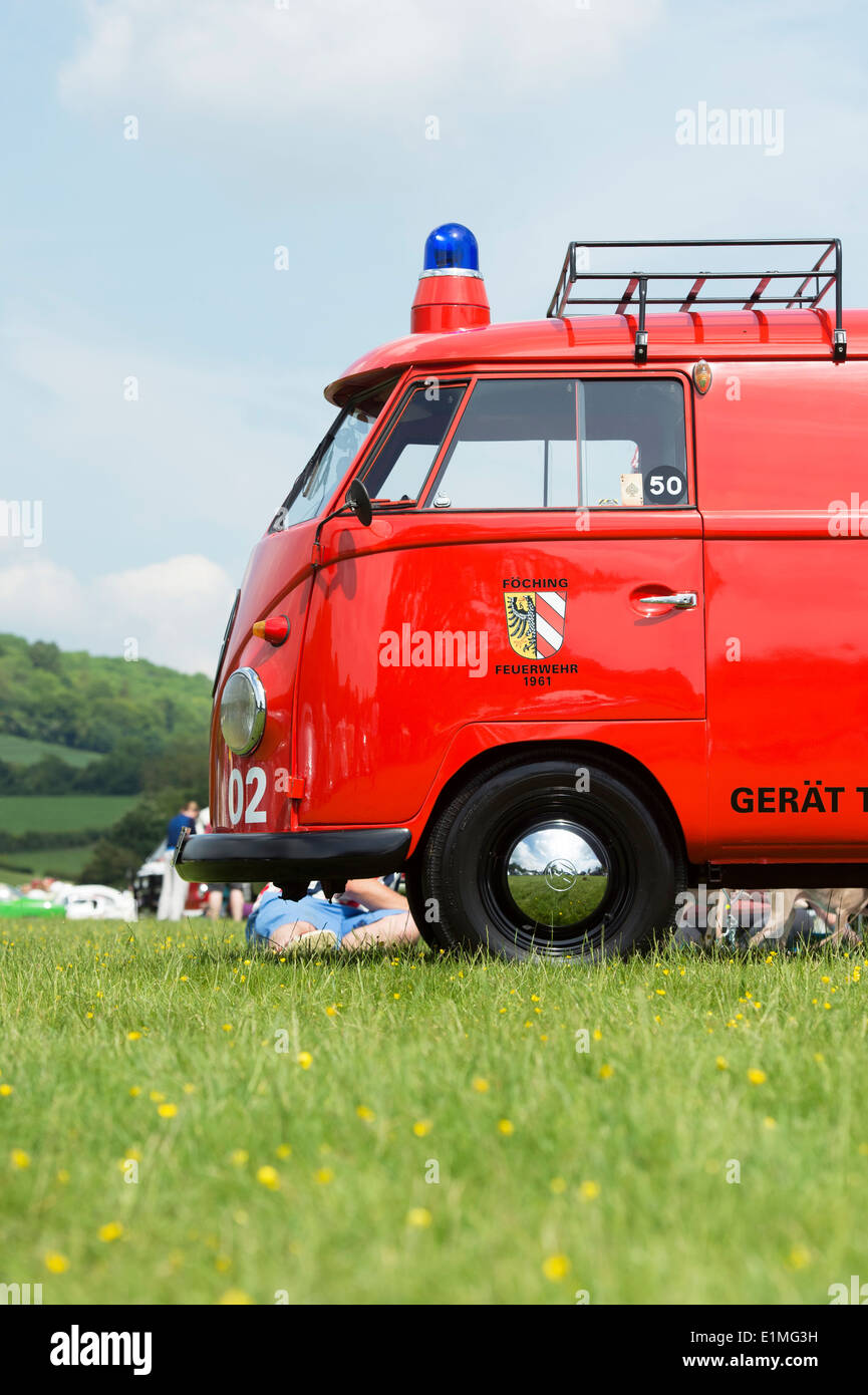 VW Volkswagen split screen panel van fire truck at a VW show. England ...