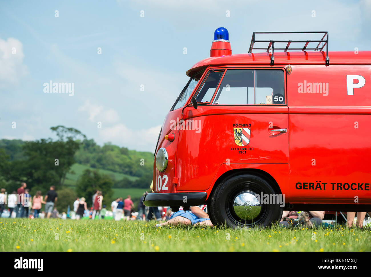 VW Volkswagen split screen panel van fire truck at a VW show. England ...