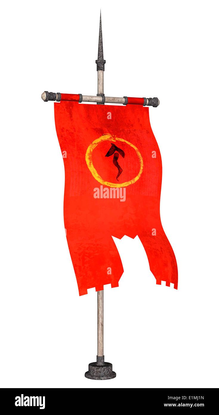 3D digital render of a red medieval banner isolated on white background ...