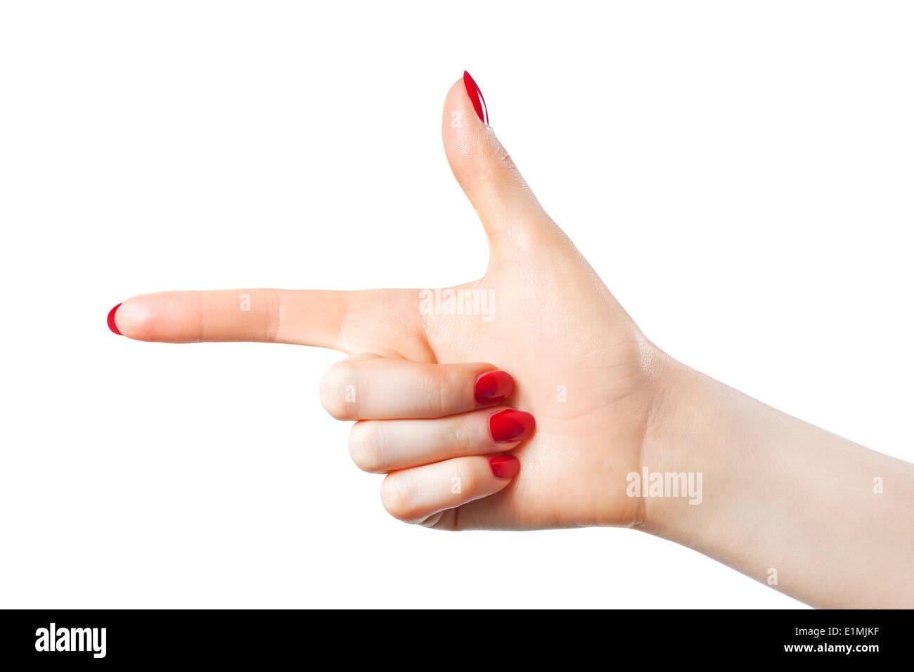 Young woman pointing hand. Isolated on white Stock Photo - Alamy