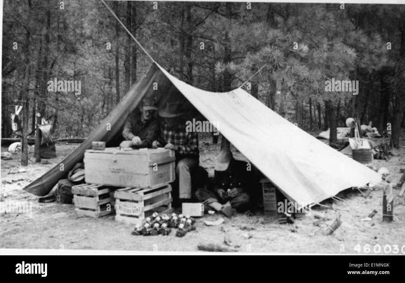 This historical photograph captures men gathered around a campfire ...