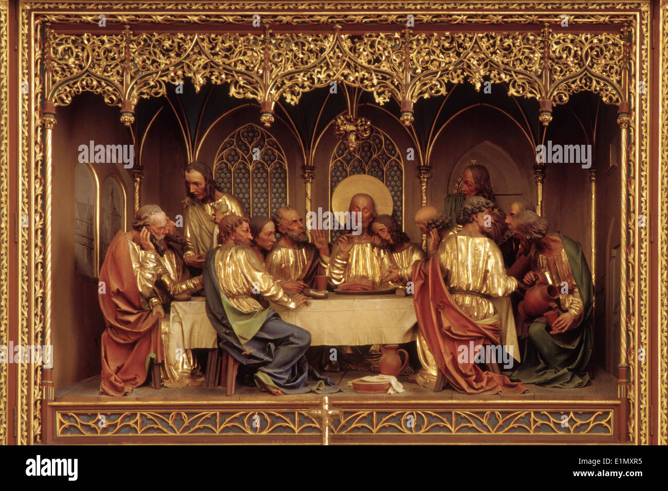 The Last Supper. The Gothic wooden altar in St Barbara's Church in ...