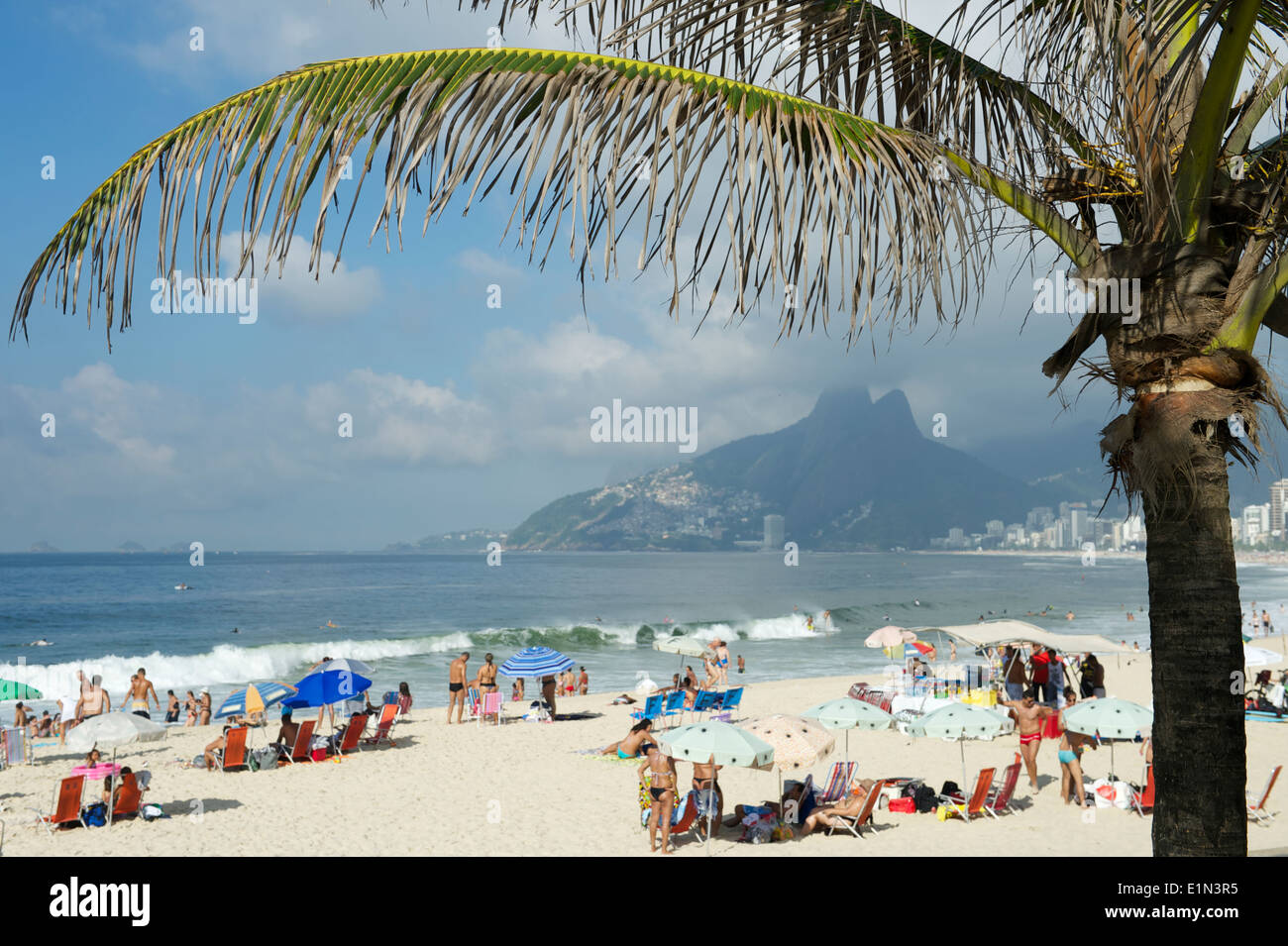 Ipanema Beach Rio de Janeiro Brazil view with palm tree at Arpoador ...