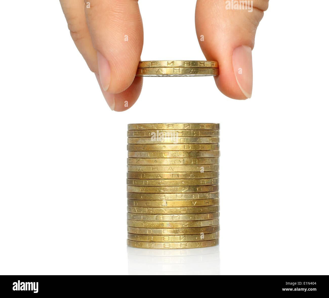Hand put coins to stack of coins on white background Stock Photo - Alamy