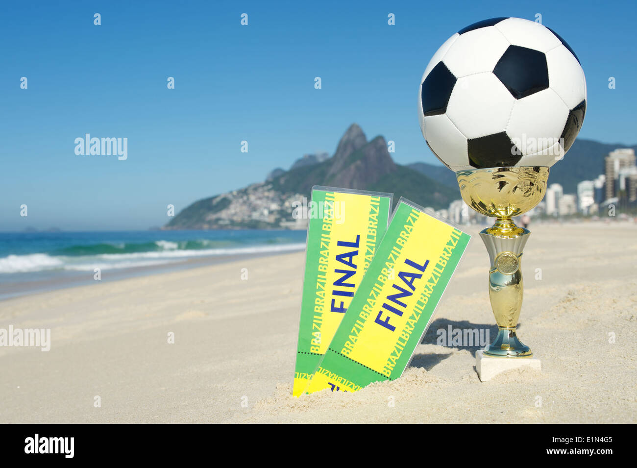 Brazil soccer champion trophy with final tickets Ipanema Beach Rio de ...