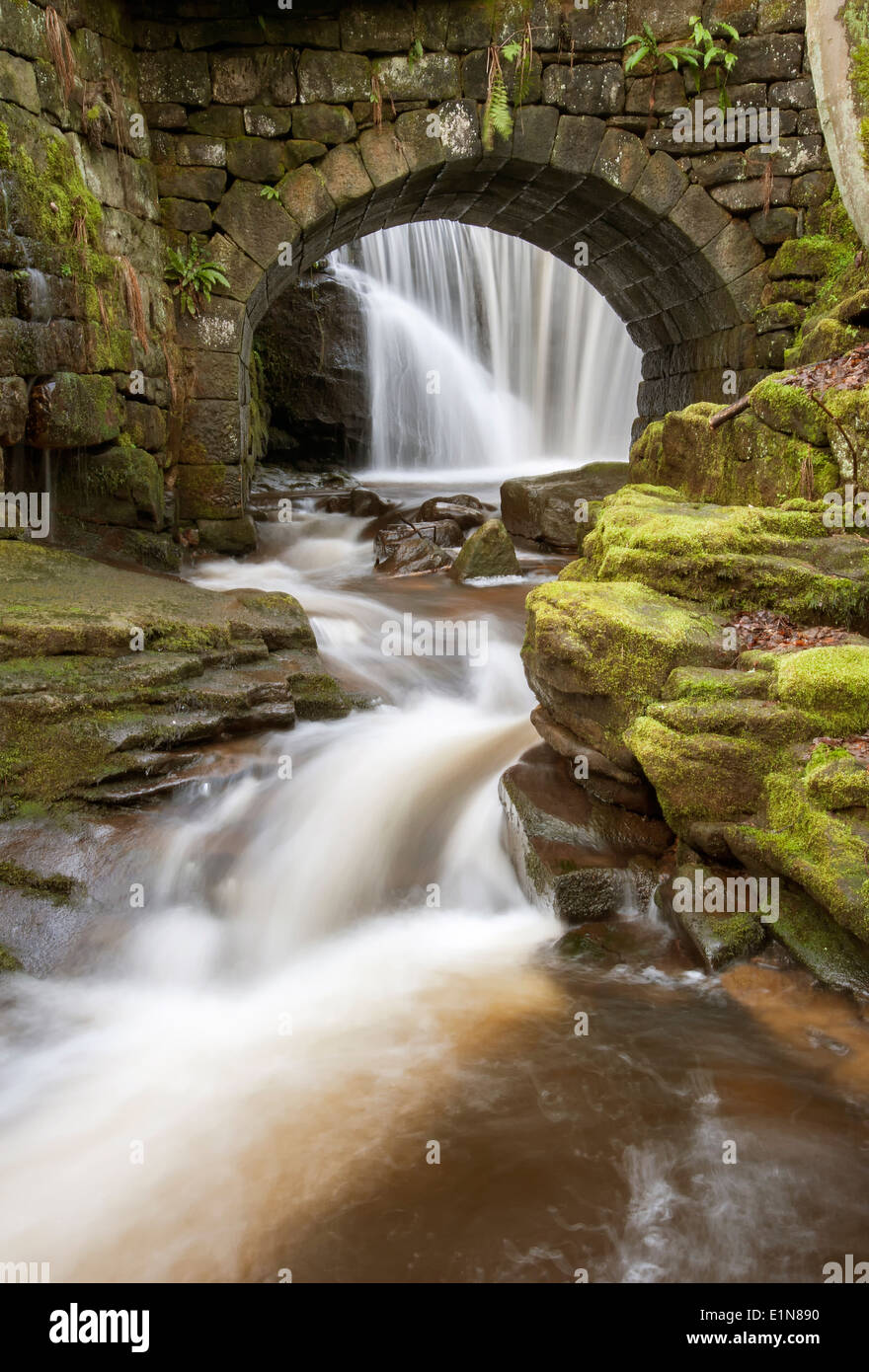 motion blurred waterfall and stream flowing through a stone aperture in ...