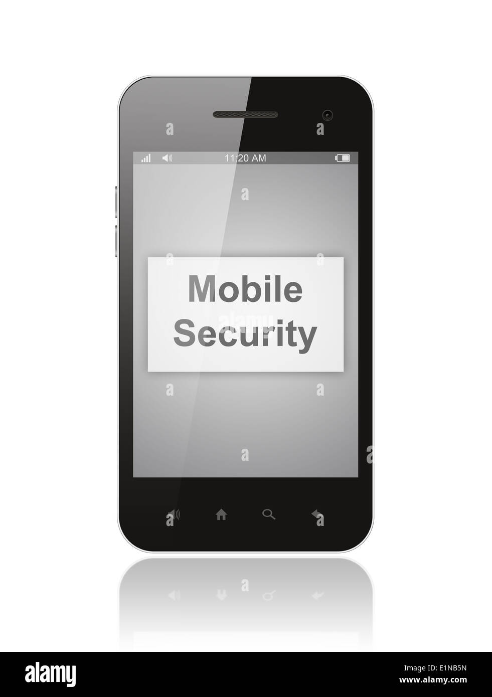 Smart phone with mobile security button on its screen isolated on white ...