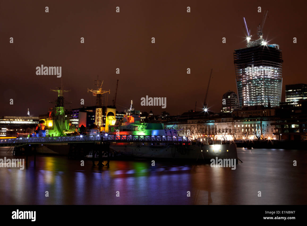 HMS Belfast at night over River Thames Long Exposure Stock Photo - Alamy