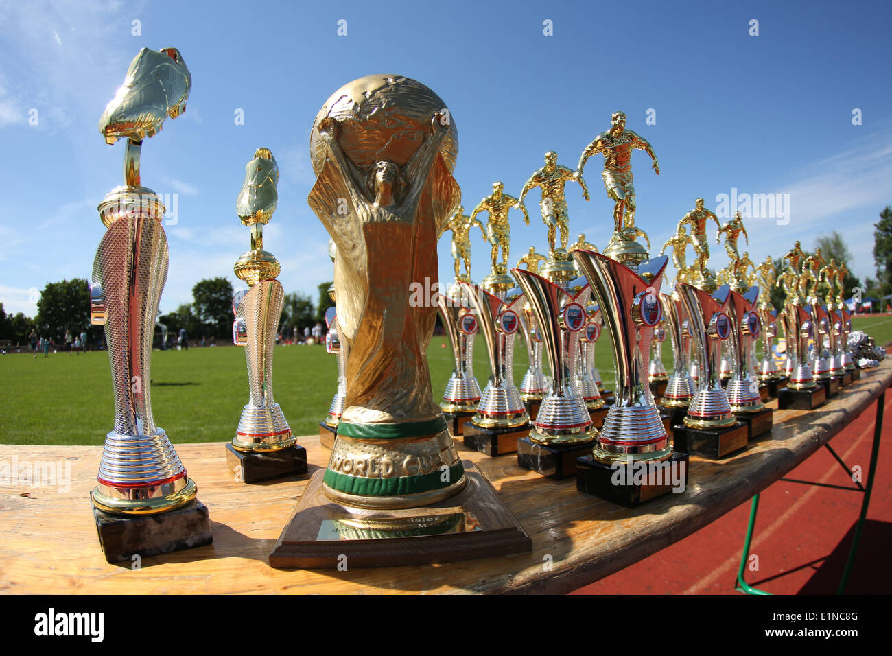 Jork, Germany. 07th June, 2014. Trophies of a mini soccer world ...