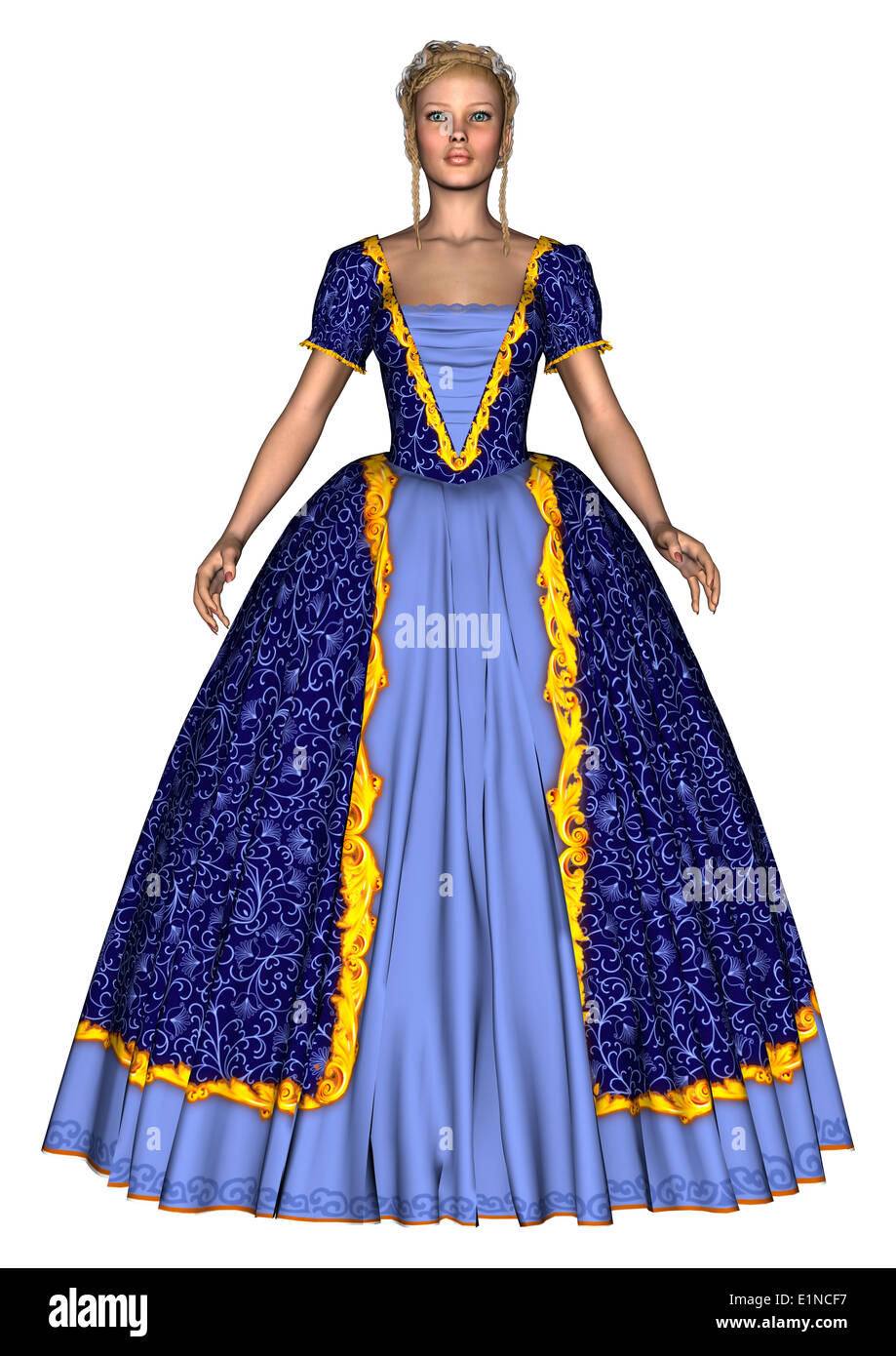 3D digital render of a beautiful princess in a blue dress isolated on ...