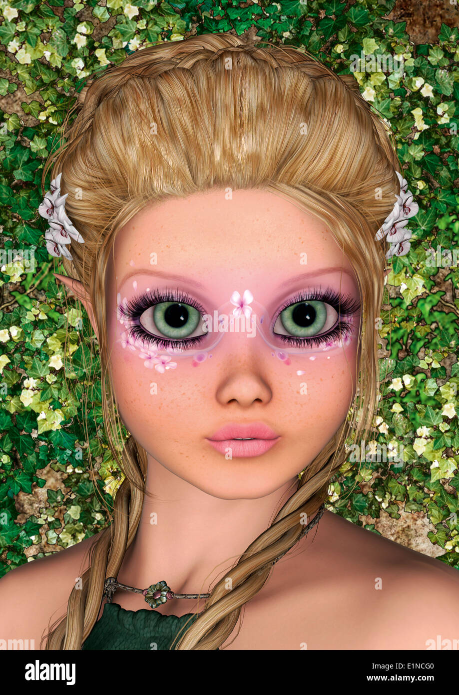 3D digital render of a beautiful little fairy on green ive background ...