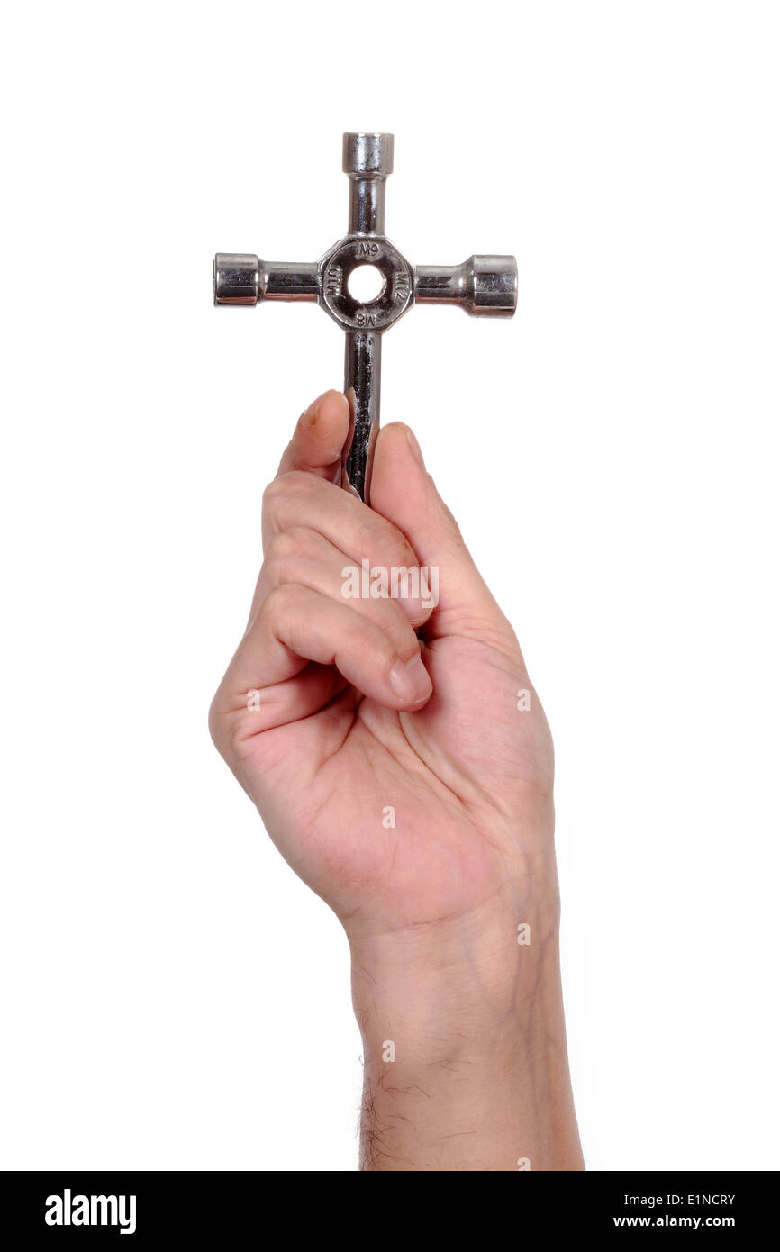 wrench on a human hand isolated on white Stock Photo - Alamy