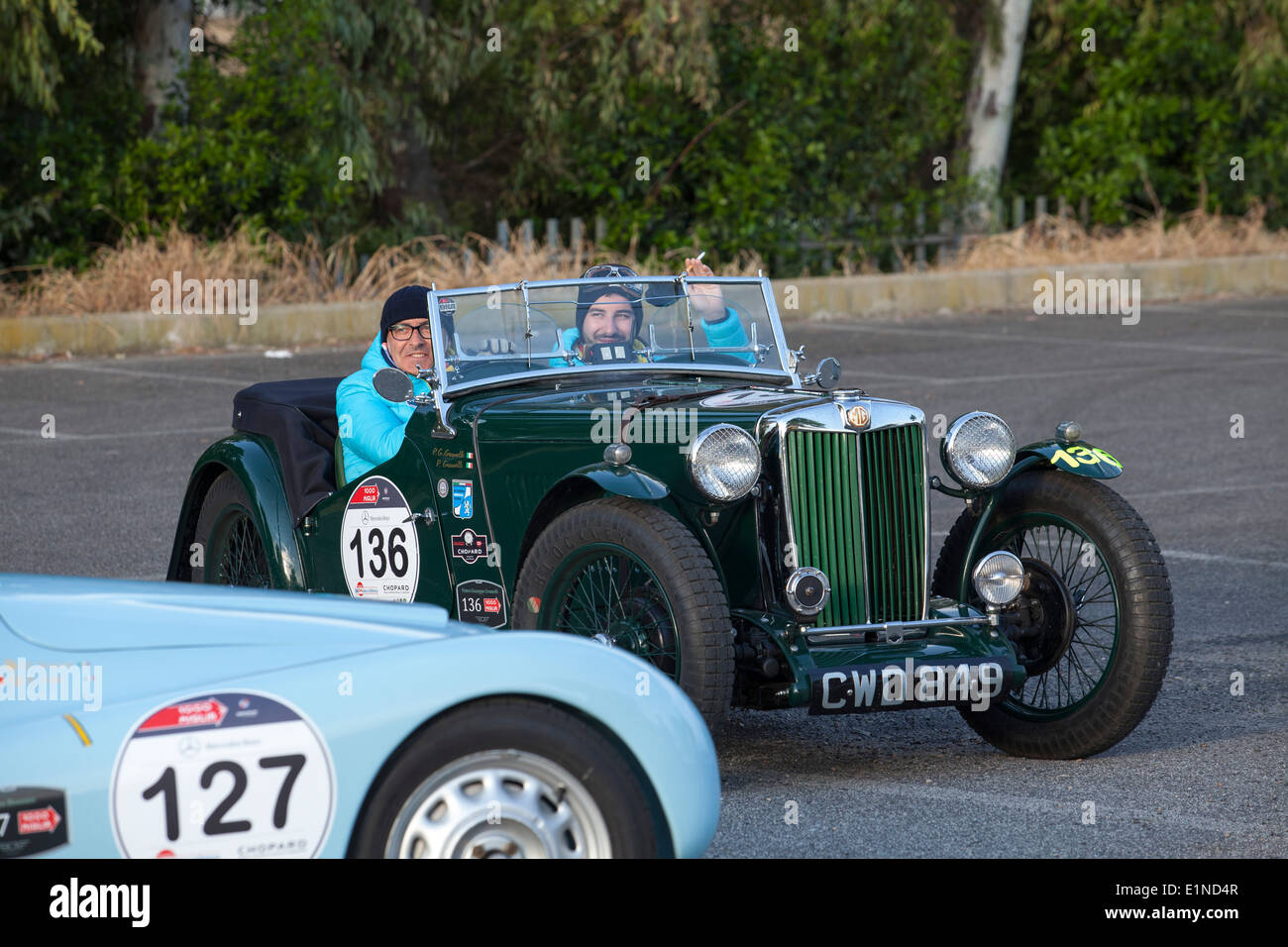 1939 MG TB sports car competing in the 1000 miglia rally for classic ...