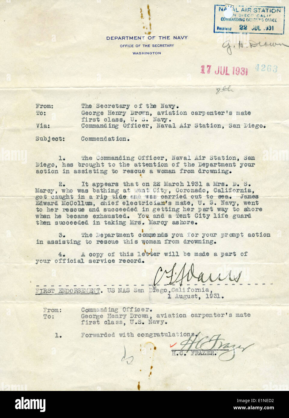 The photo shows George Drown, a member of the U.S. Navy, in the mid ...