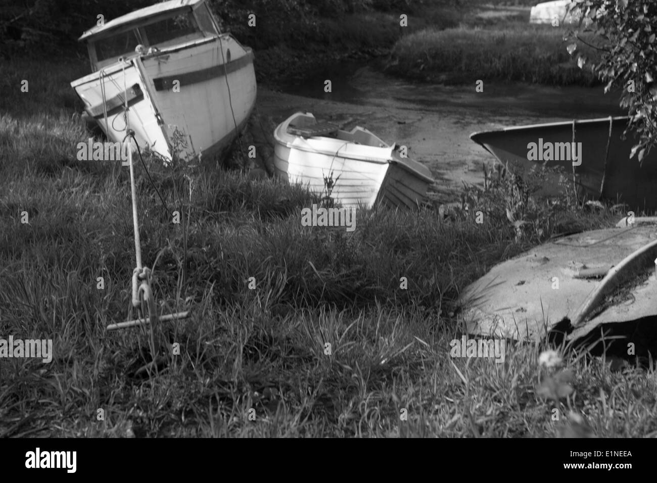 Moored boat on a river boat Black and White Stock Photos & Images - Alamy