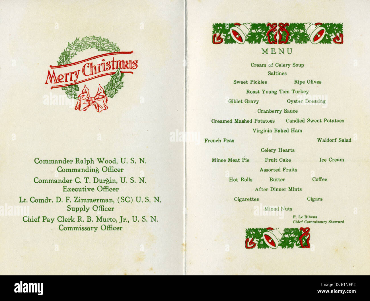 This image features the 1938 Christmas menu from the USS Wright, a US ...
