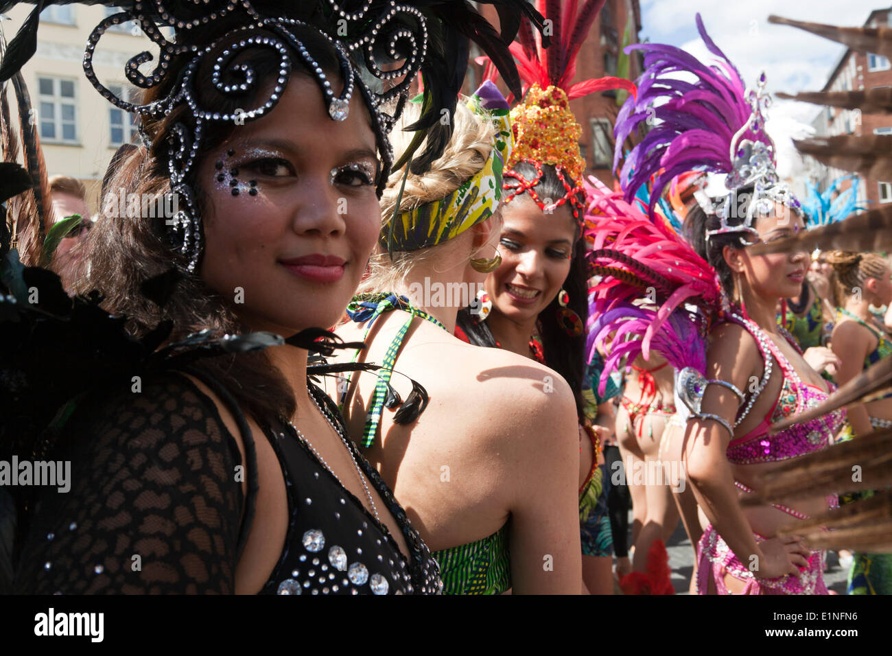 Copenhagen, Denmark – June 7th, 2014: Samba dancing women in colorful ...